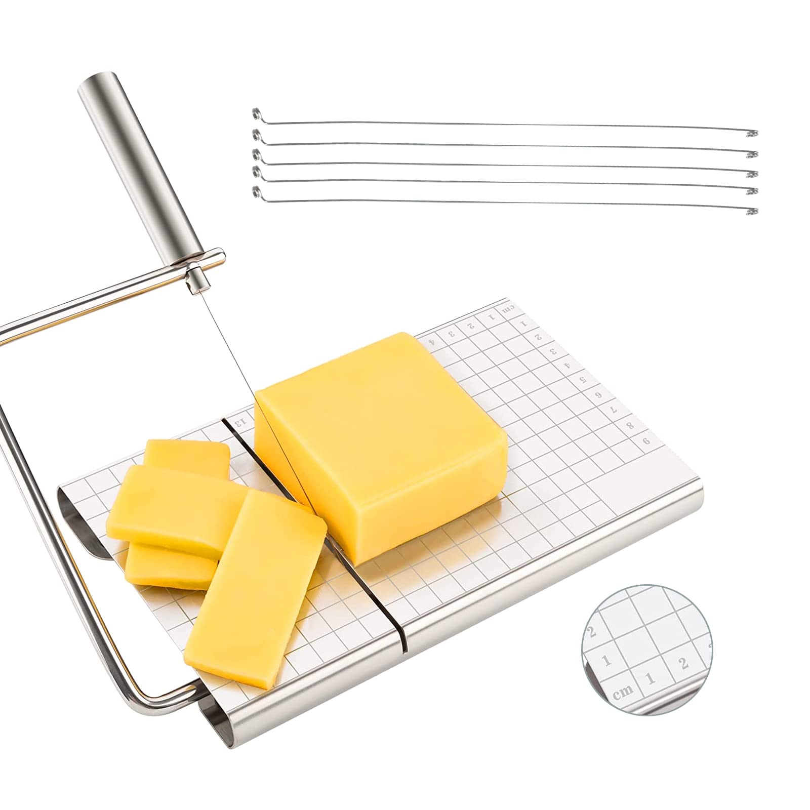 JONINGER Cheese Slicer, Stainless Steel Cheese Cutter with Scales Cheese-Slicer Board with 5 Replacement Wires