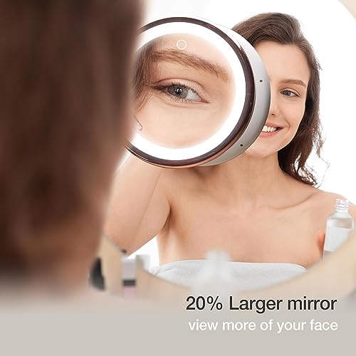 Fancii 10X Magnifying Makeup Mirror with True Natural Light and Locking Suction - 8 inch Large Lighted Travel Vanity Mirror, Dimmable Daylight LEDs, Battery and USB Operated - Luna (Silver)