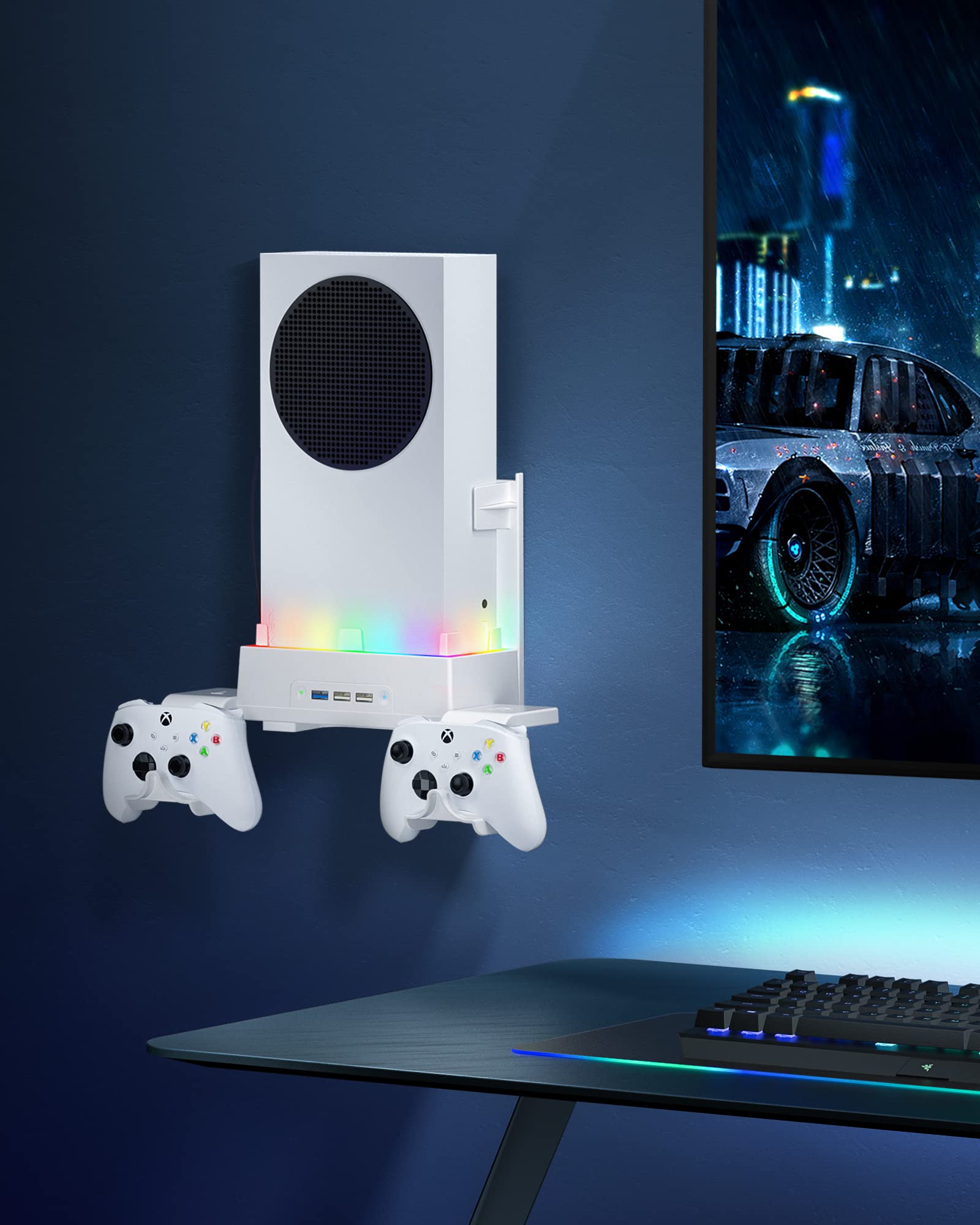 Narati Wall Mount with Cooling Fan for Xbox Series S, 6 in 1 Wall Mount Kit Fan Cooler System with 3 Level Adjustable Speed, 2 Detachable Controller Holder, 3 USB Port & LED Lights for XSS