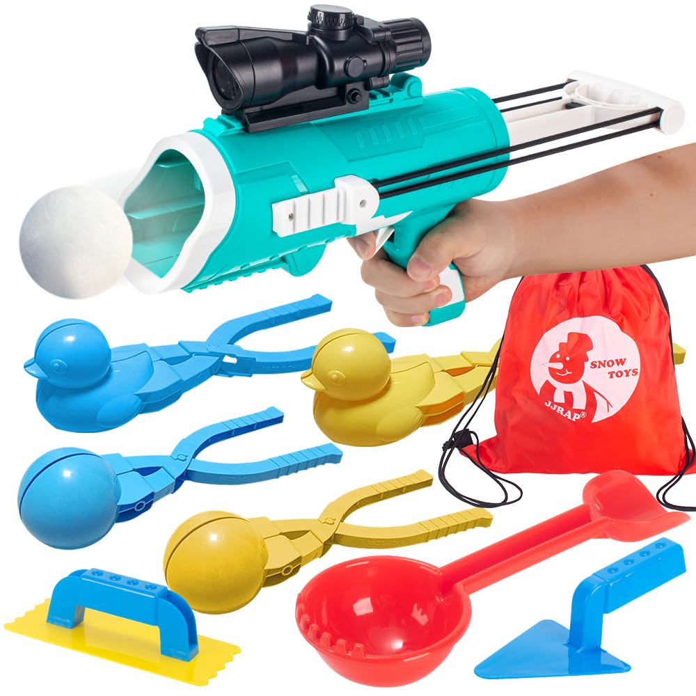 JJRAP Snowball Maker Toy Kit - 9 Pcs Winter Toys with Snowball Blaster Gun, 2 Duck Shaped Clips, Launcher and Carry Bag - Outdoor Snow Fight Toys for Kids and Adults
