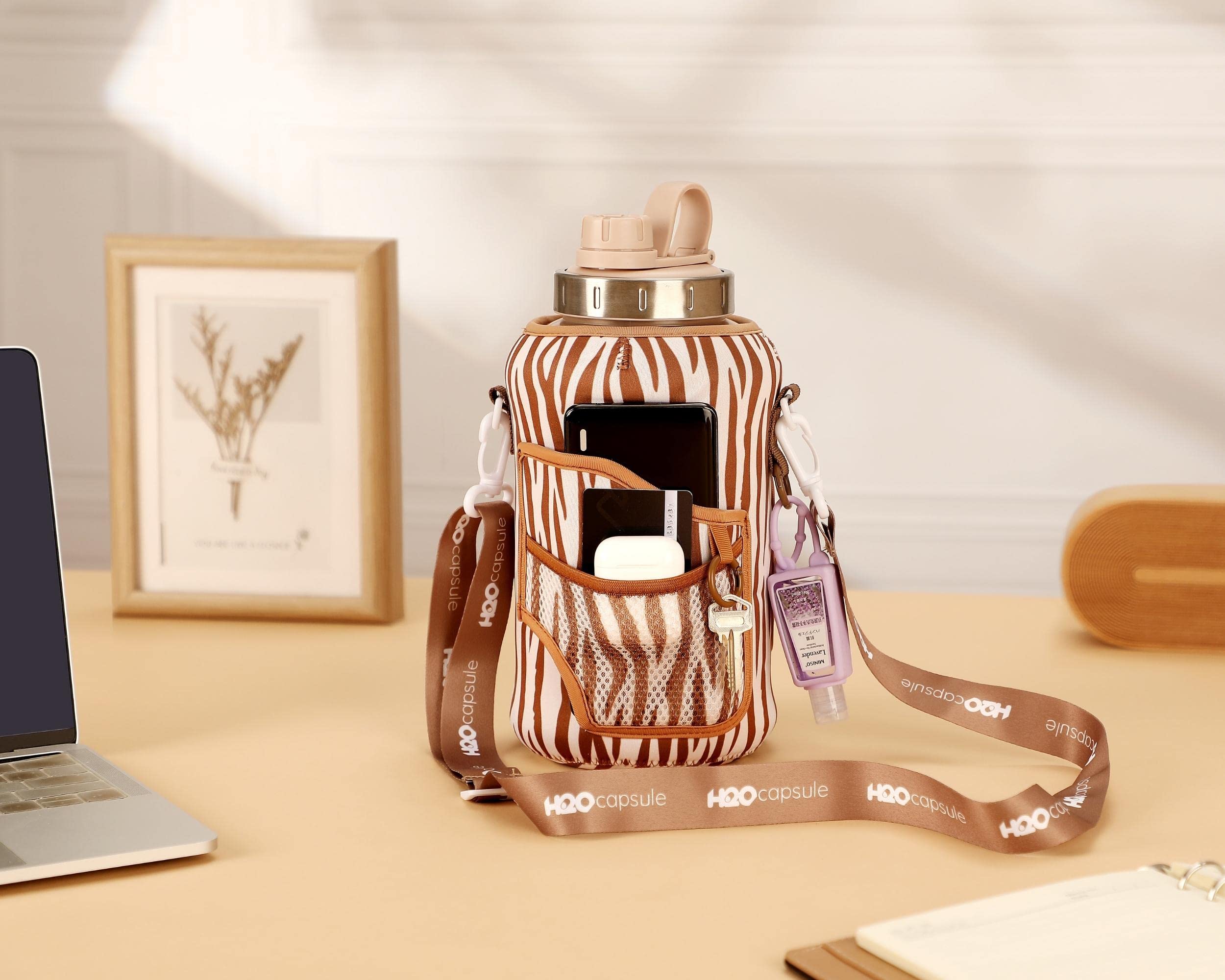 H2O Capsule 2.2L Half Gallon Wide Mouth Water Bottle with Storage Sleeve and Removable Straw - Hydration Tracker Jug with Measurements Marked β Shatterproof BPA-Free, (Libra Zebra)