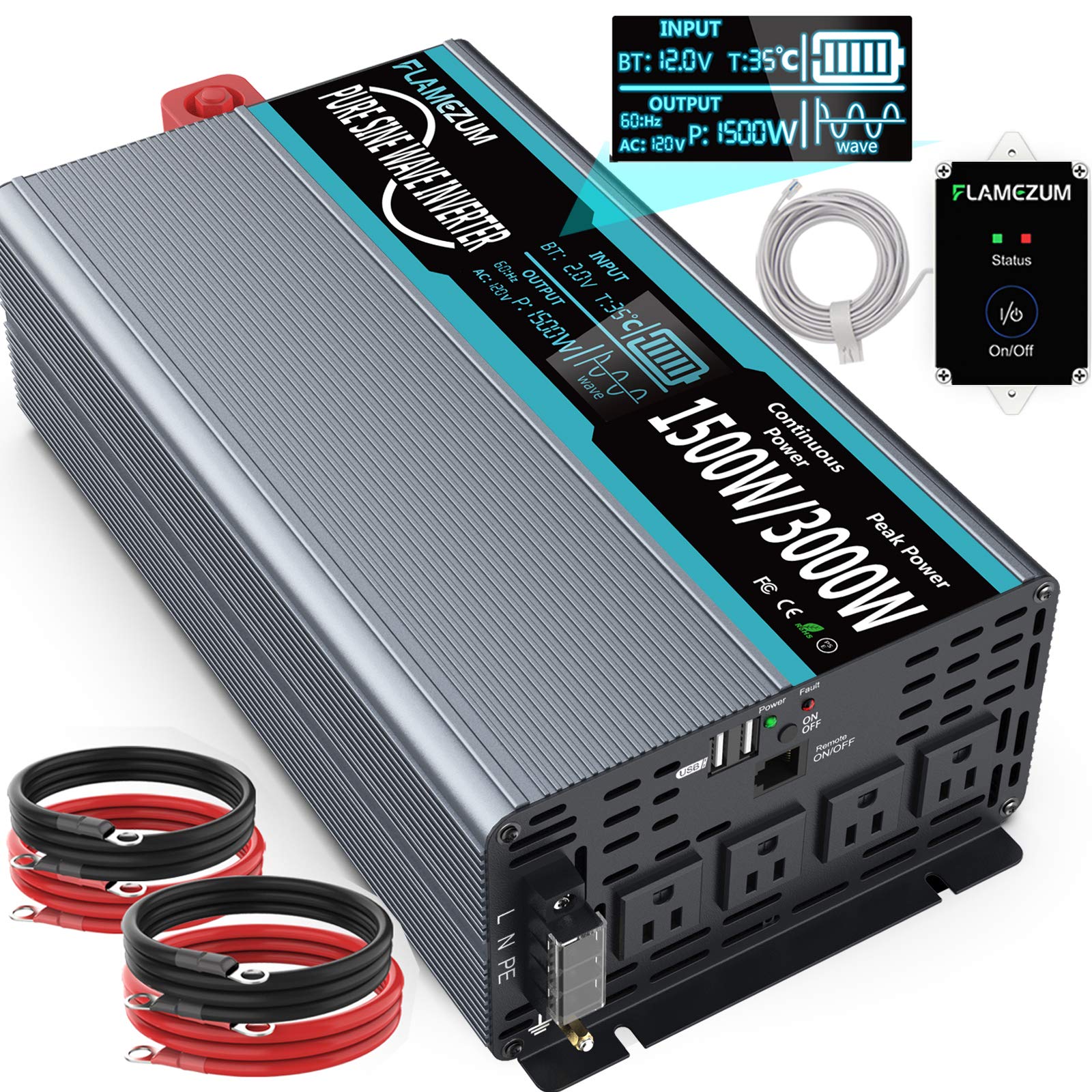 FLAMEZUM 1500W Pure Sine Wave Power Inverter DC 12v to AC 110v-120v Sump Pump Battery Backup System Peak Power 3000W with Remote Control LCD Display Sump Pump Battery Backup System