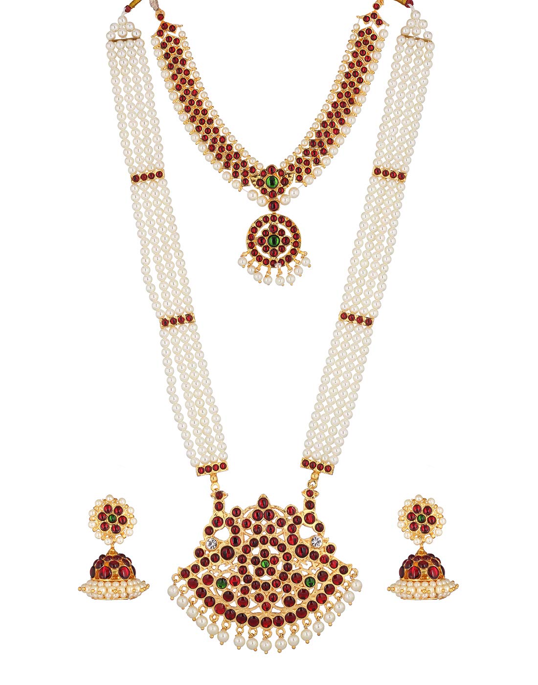 Fashionatelier 4 Line Long Pearl Haram with Pendant and Short Necklace with Earrings