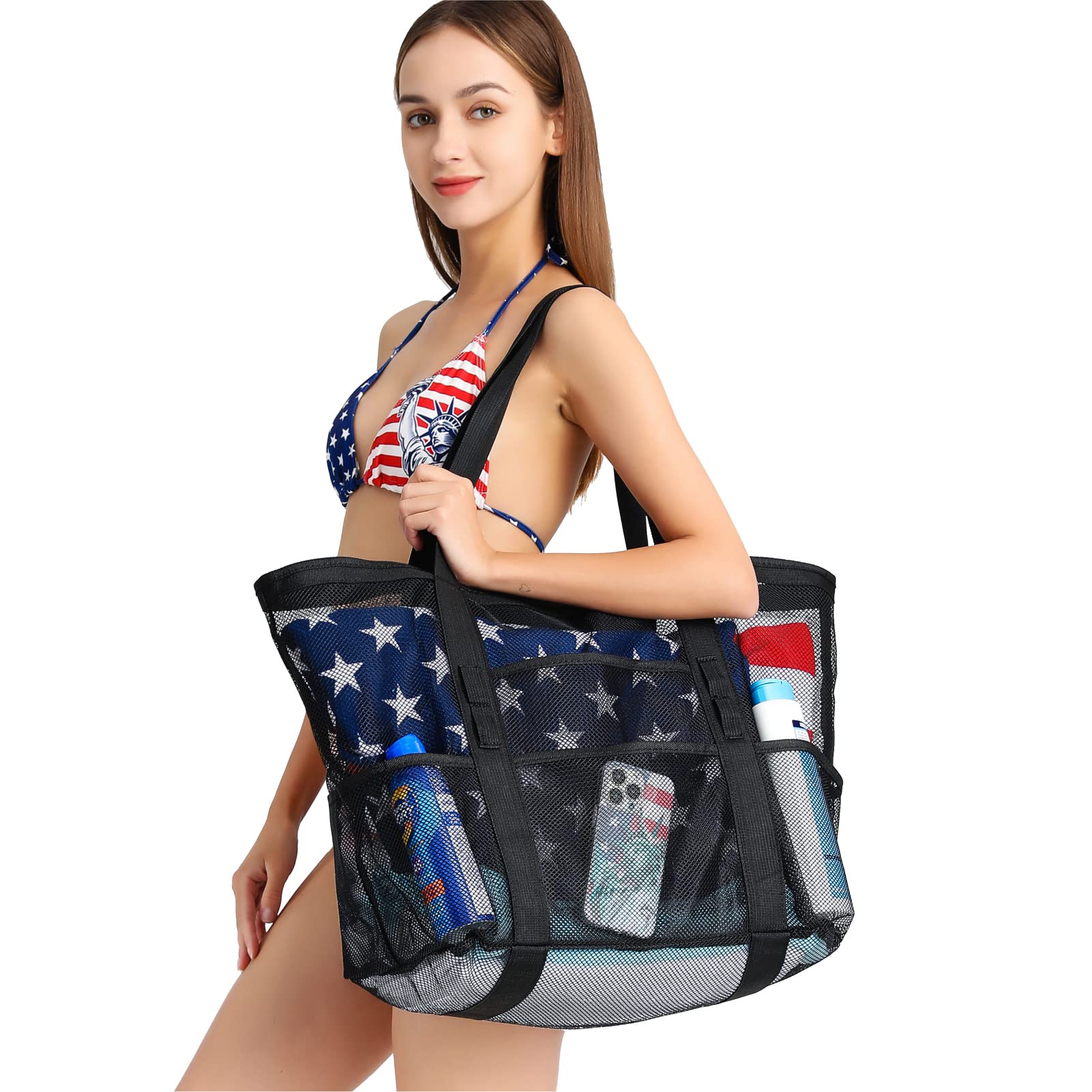 F-color Mesh Beach Bag Family - Beach Tote 9 Pockets Beach Towel Bag, Black