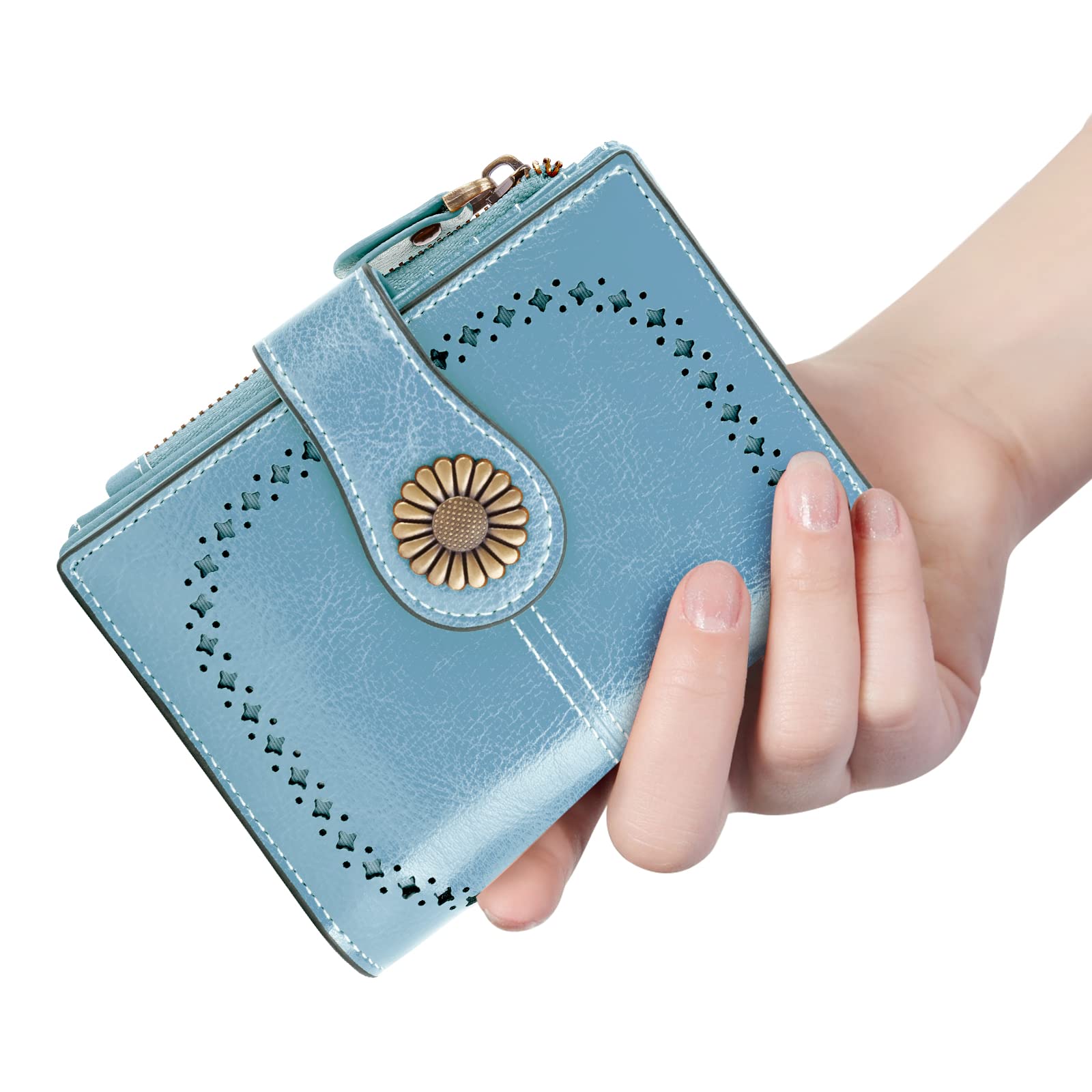 INSIFEEL Small Wallet for Women Genuine Leather Bifold Ladies Purse with ID Window (Light Blue)