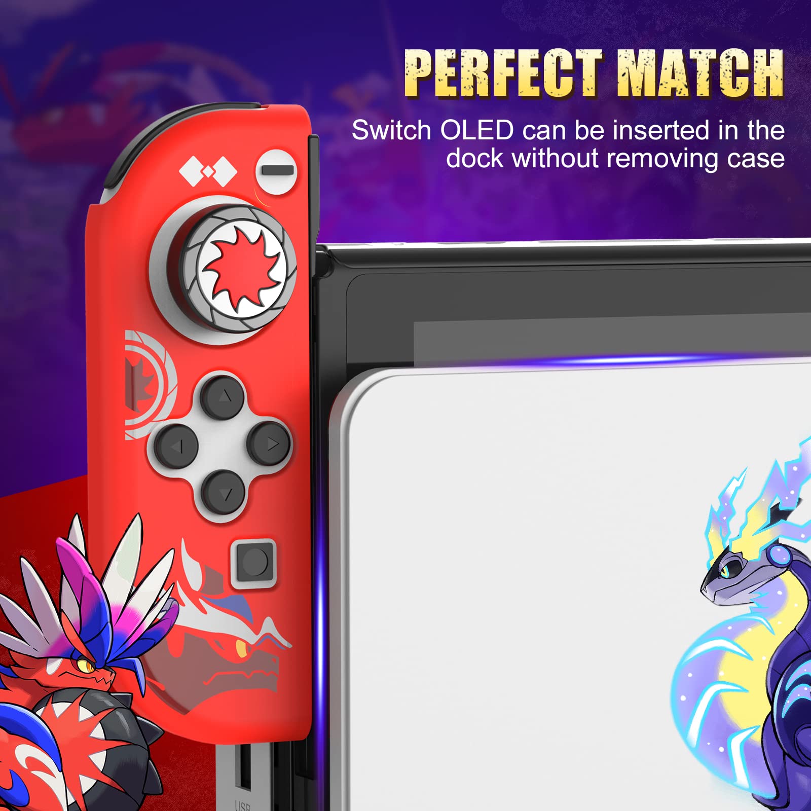 IINE Dockable Case Set for Nintendo Switch OLED, with Game Theme Print 5 in 1 Protective Case Cover Fit The Dock Station Package with 2pcs Soft Thumb Grip Covers