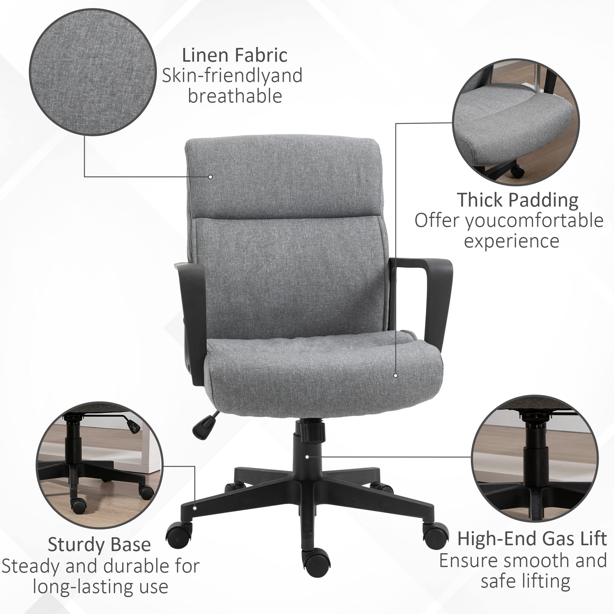 Vinsetto Mid Back Home Office Chair Height Adjustable Linen Fabric Desk Task Chair with Ergonomic Line Wide Seat, Thick Padding, and Armrest