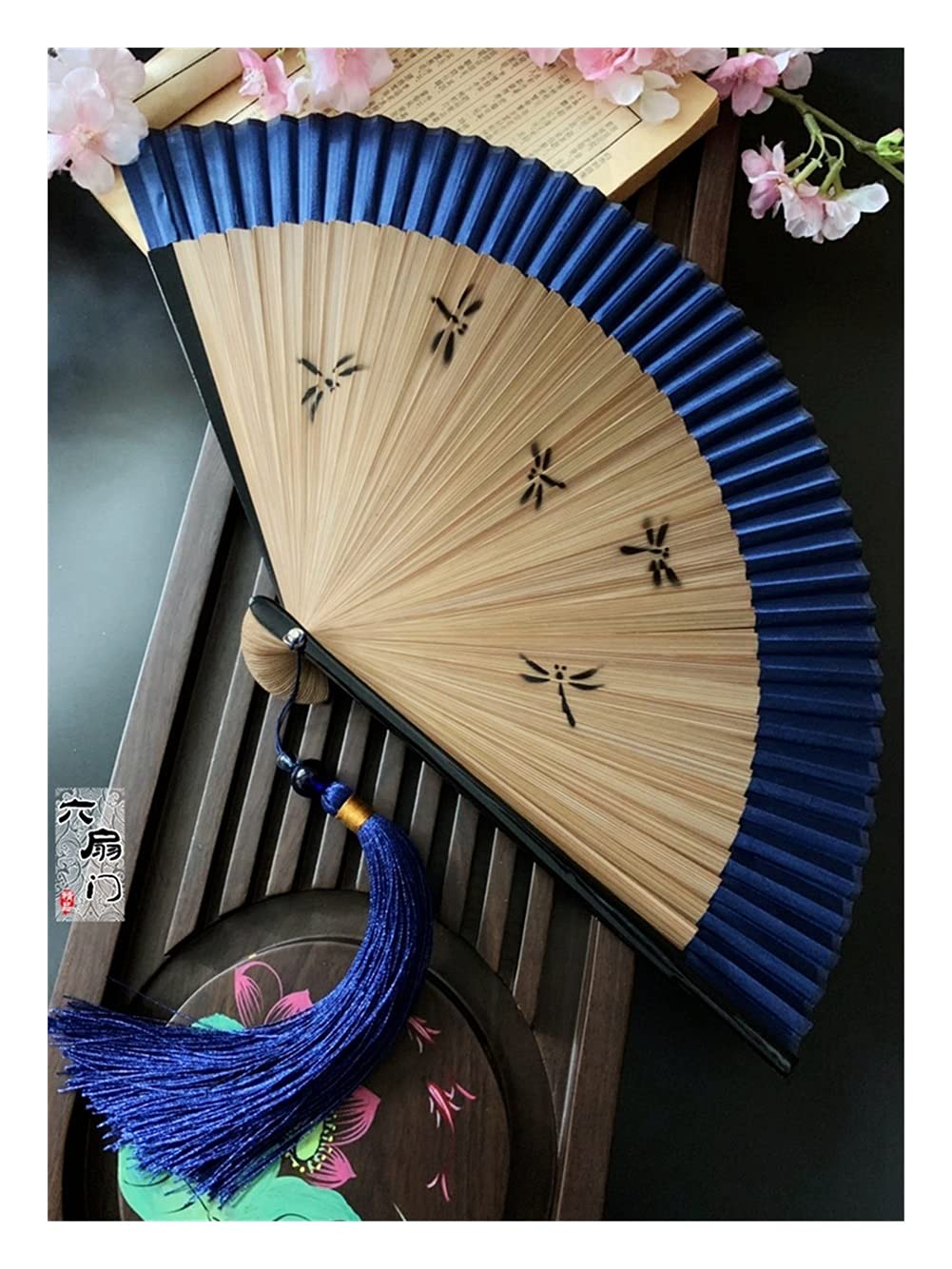 Folding Fan Chinese Style Ancient Style Bamboo Handle Folding Fan Juan Cloth Female Fan Cherry Blossom Portable Jump Dance Fan Fan (B 21Cm)