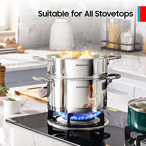 SUNHOUSE Steamer Pot for Cooking 8-inch Steam Pots with Lid, 3 Quarts Multipurpose Stock Pot Stainless Steel Steaming Pot Cookware with Handle for Vegetable, Stews, Pasta, Dumpling, Sauce, Food