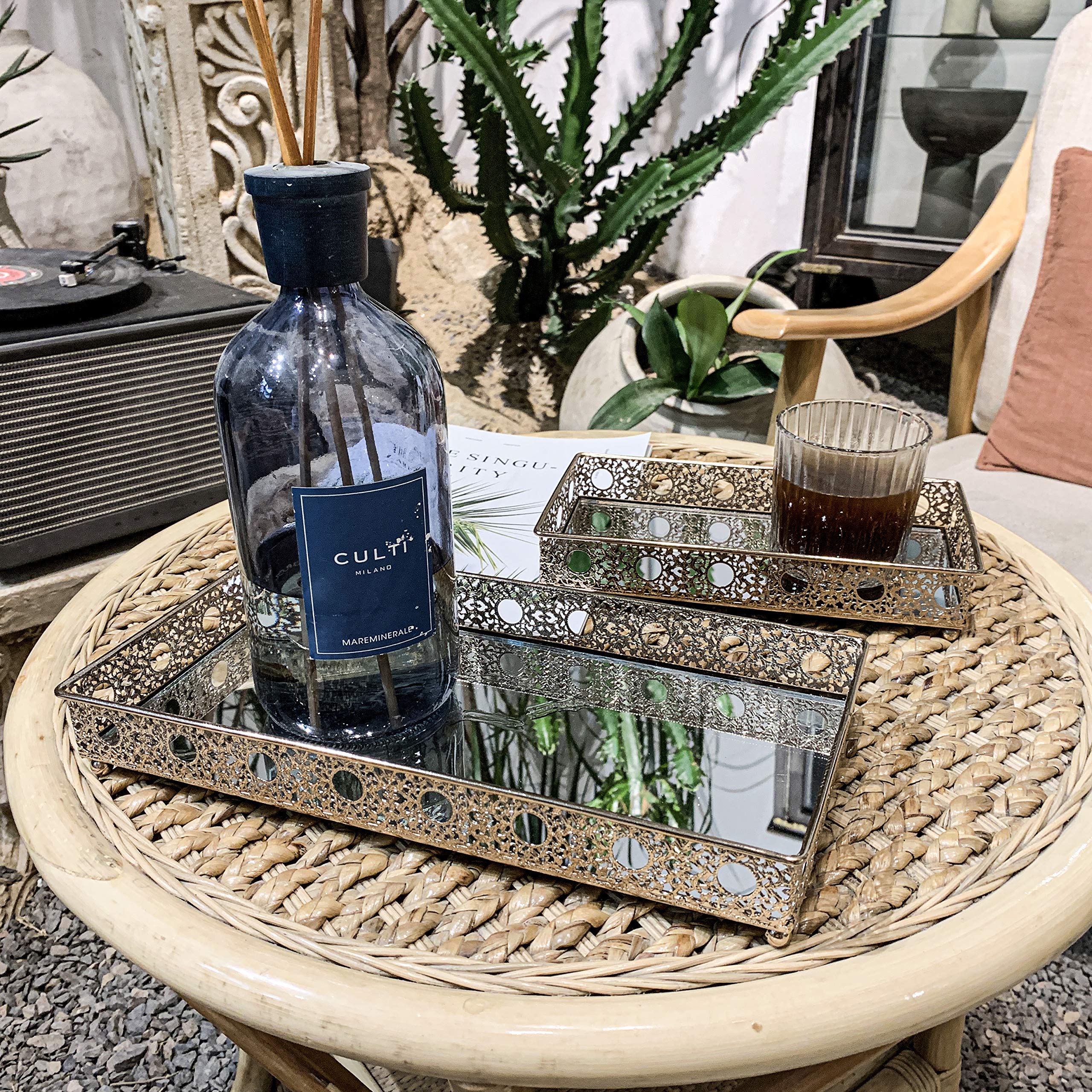 Tricune 2Pcs Perfume Tray - Bathroom Vanity Tray - Mirror Tray - Set of 2 Decorative Perfume for Dresser Jewelry Organizer Makeup Glass Tray 12.5 X 6.3 + 9.5 X 5 Inch Silver
