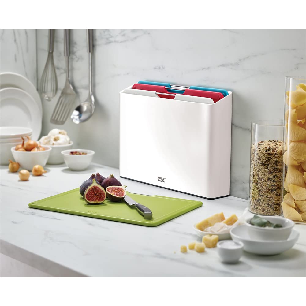 Joseph Joseph Folio 4-Piece Colour coded Chopping Board Set, Slimline case for organised storage, White