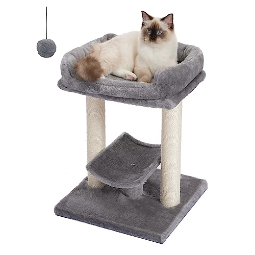 PETEPELA Cat Scratching Post, Cat Tree Tower for Indoor Cats, Cat Scratcher with Large Plush Top Perch Bed, Cat Post and Curved Platform