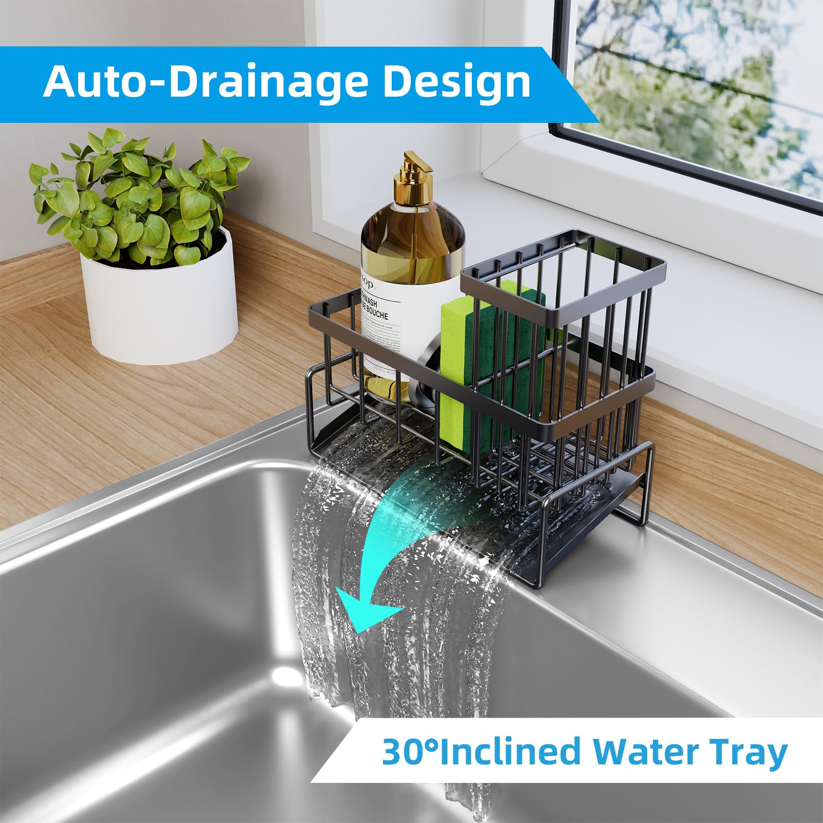 Sponge Holder for Kitchen Sink - Rustproof Sink Caddy with Brush Holder, Self-Drainage Kitchen Sink Organizers and Storage Dish Soap Dispenser Home Essentials Organization Accessories, Black