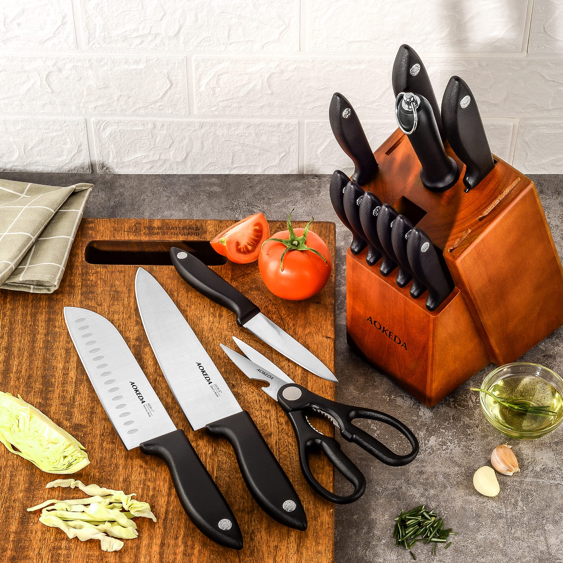 Kitchen Knife Set,Knife Sets for Kitchen with Block and Sharpener,15 Pcs High Carbon Stainless Steel Block Knife Set and 6 Steak Knives