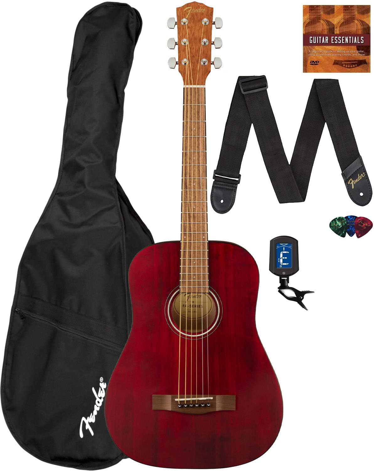 Fender FA-15 3/4-Scale Kids Steel String Acoustic Guitar - Red Learn-to-Play Bundle with Gig Bag, Tuner, Strap, Picks, Fender Play Online Lessons, and Austin Bazaar Instructional DVD