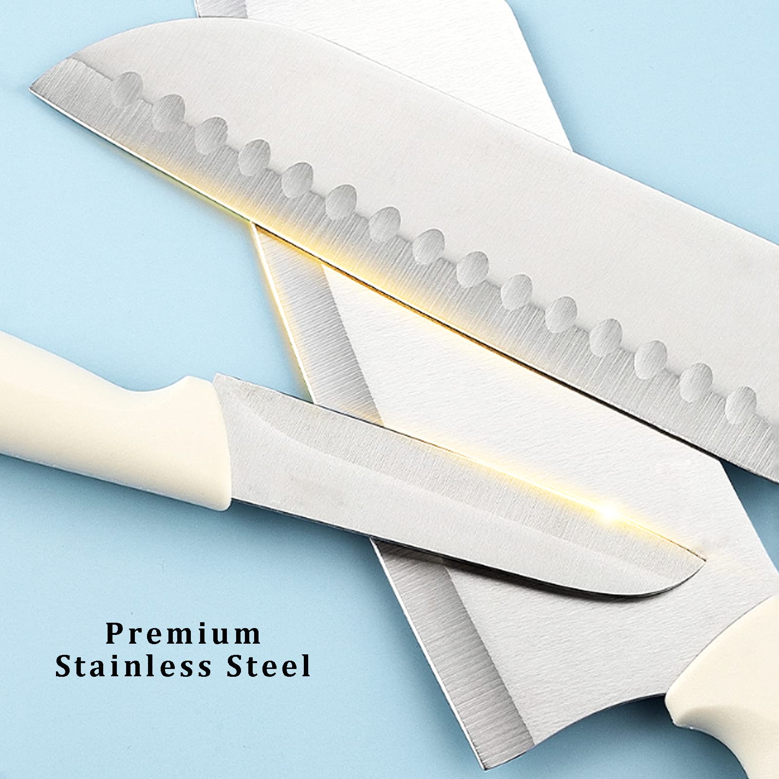 Kitchen Knife Set, 5PCS Stainless Steel Knife Set with Block, High Carbon White Kitchen Knife Set with Ergonomic Handle for Chopping Slicing Dicing Cutting Paring (White)