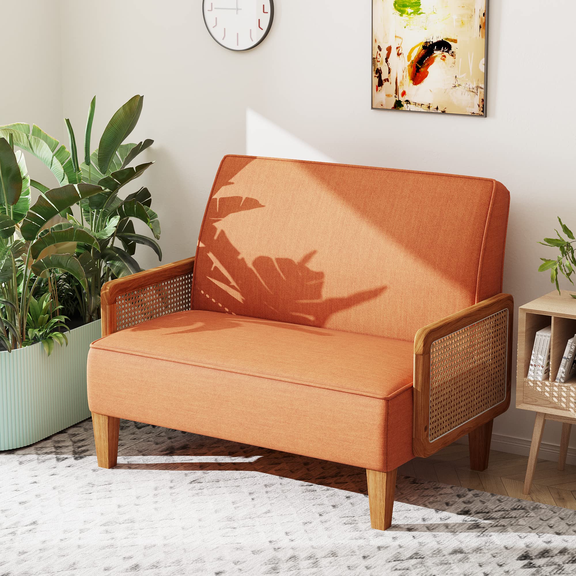 WENTMENT Loveseat Sofa Small Couch for Living Room Love Seat with Natural Rattan Armrest and Solid Wooden Legs Small Sofa for Small Space, Bedroom, Apartment(Orange)