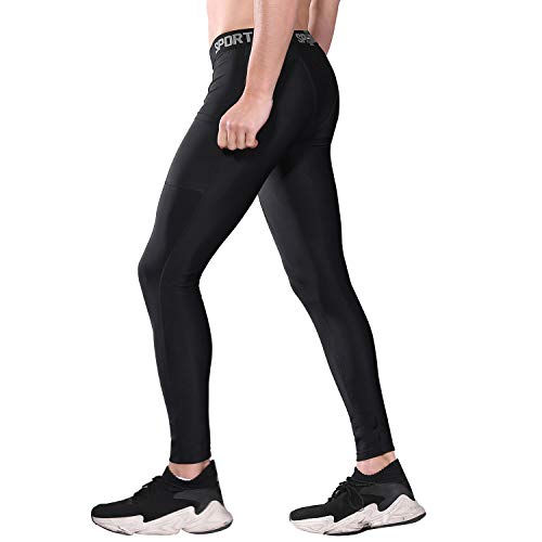 FANDIMU Men's Compression Pants, Cycling Pants, Tight Base Layer Gym Workout High Elasticity Leggings with Pocket, 2 Packs L