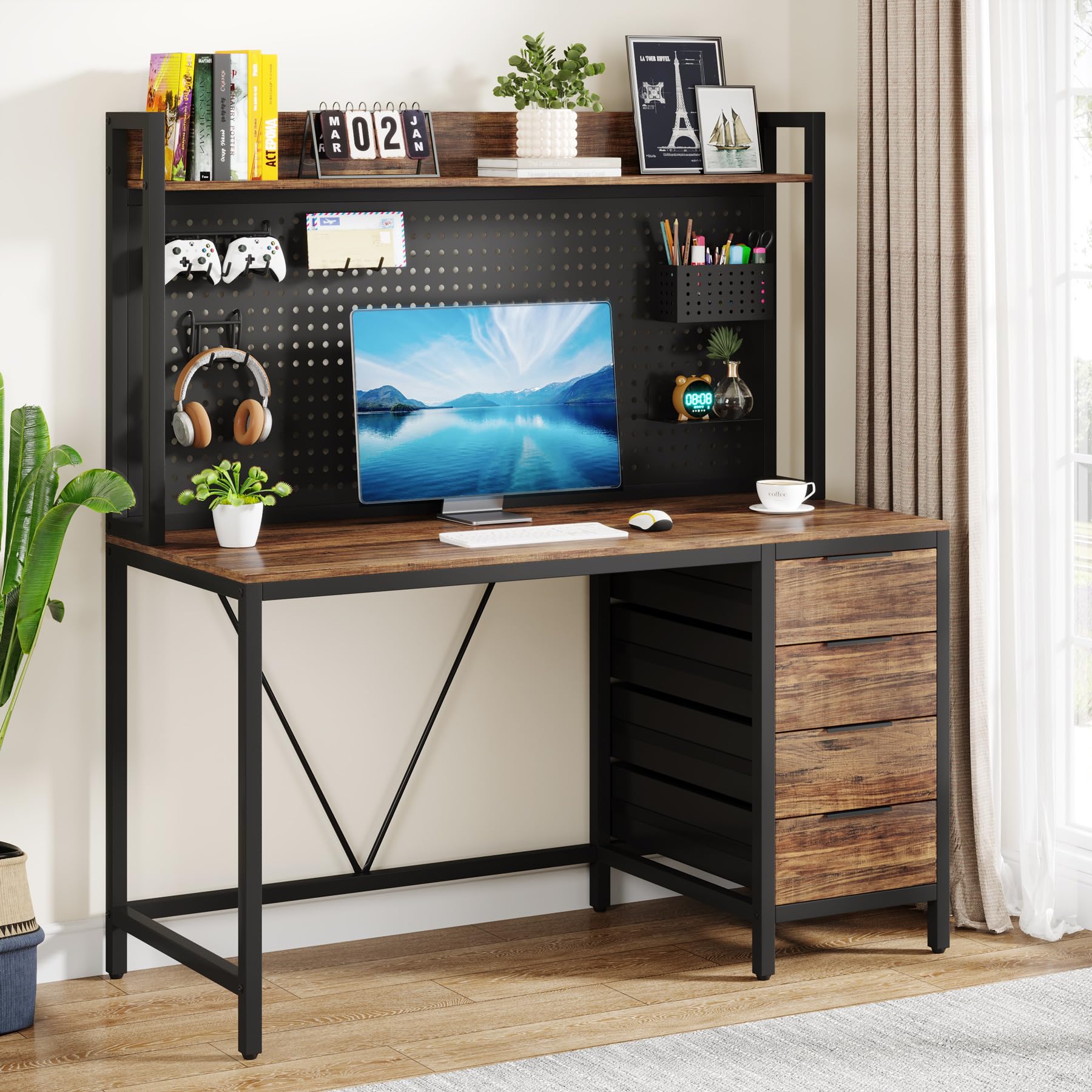 Tribesigns Computer Desk with 4 Drawers, 47 Inches Home Office Desk with Hutch and Storage, Industrial Gaming Desk PC Desk with Pegboard Study Writing Table Workstation for Home Office, Brown & Black