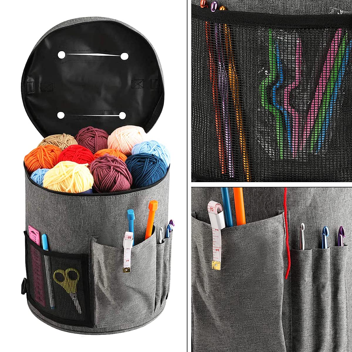 Weabetfu Large Capacity Portable Yarn Organizer Knitting Tote Storage Bag with Shoulder Strap Yarn Bags Have Pocket for Crochet Hooks,Knitting Needles & Accessories,Prevent Yarn Tangle(Grey)