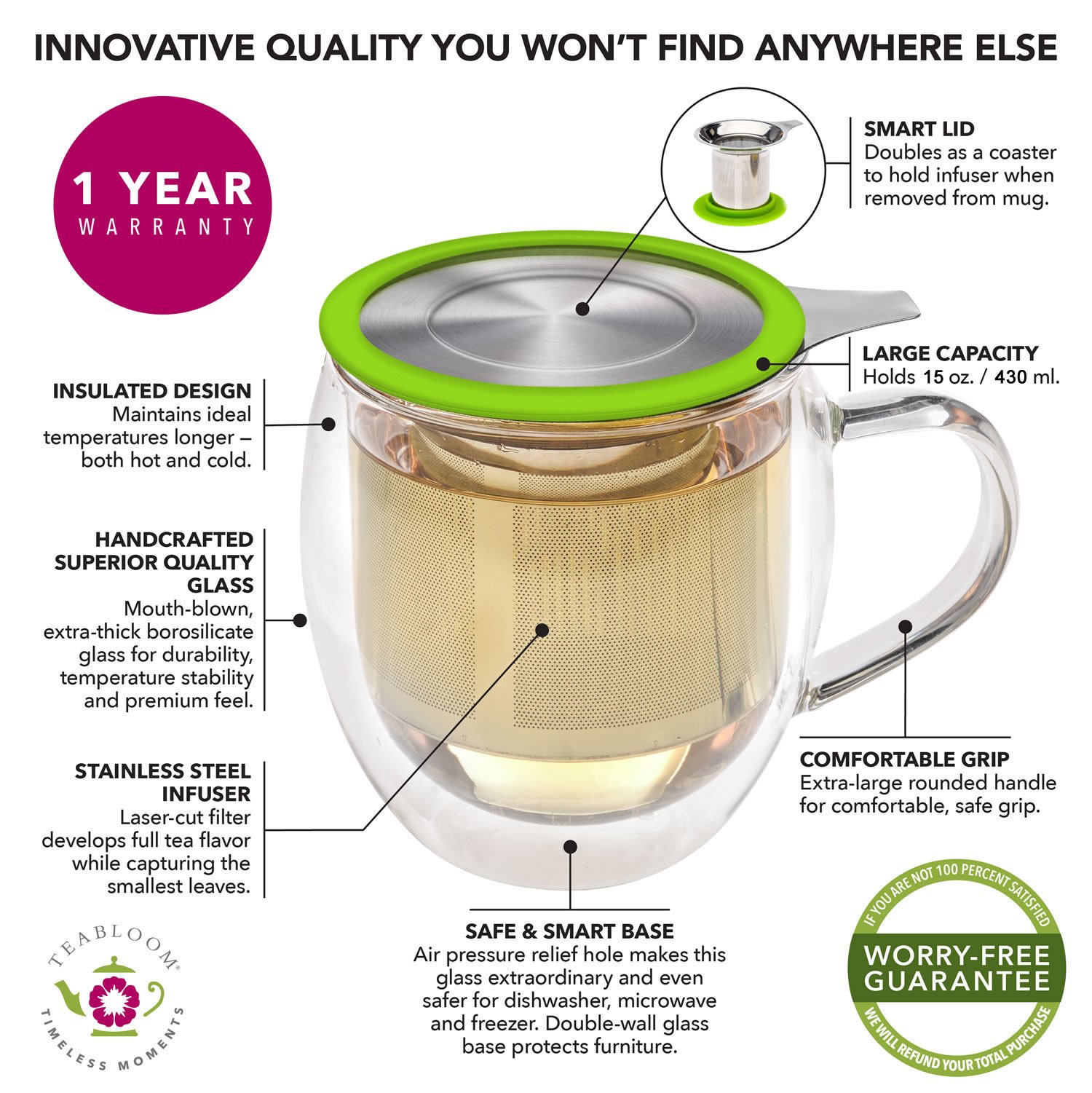 Teabloom Double-Wall Borosilicate Glass Mug with Stainless Steel Infuser and Lid β 15 OZ / 430 ML β 2 Gourmet Tea Flowers Included