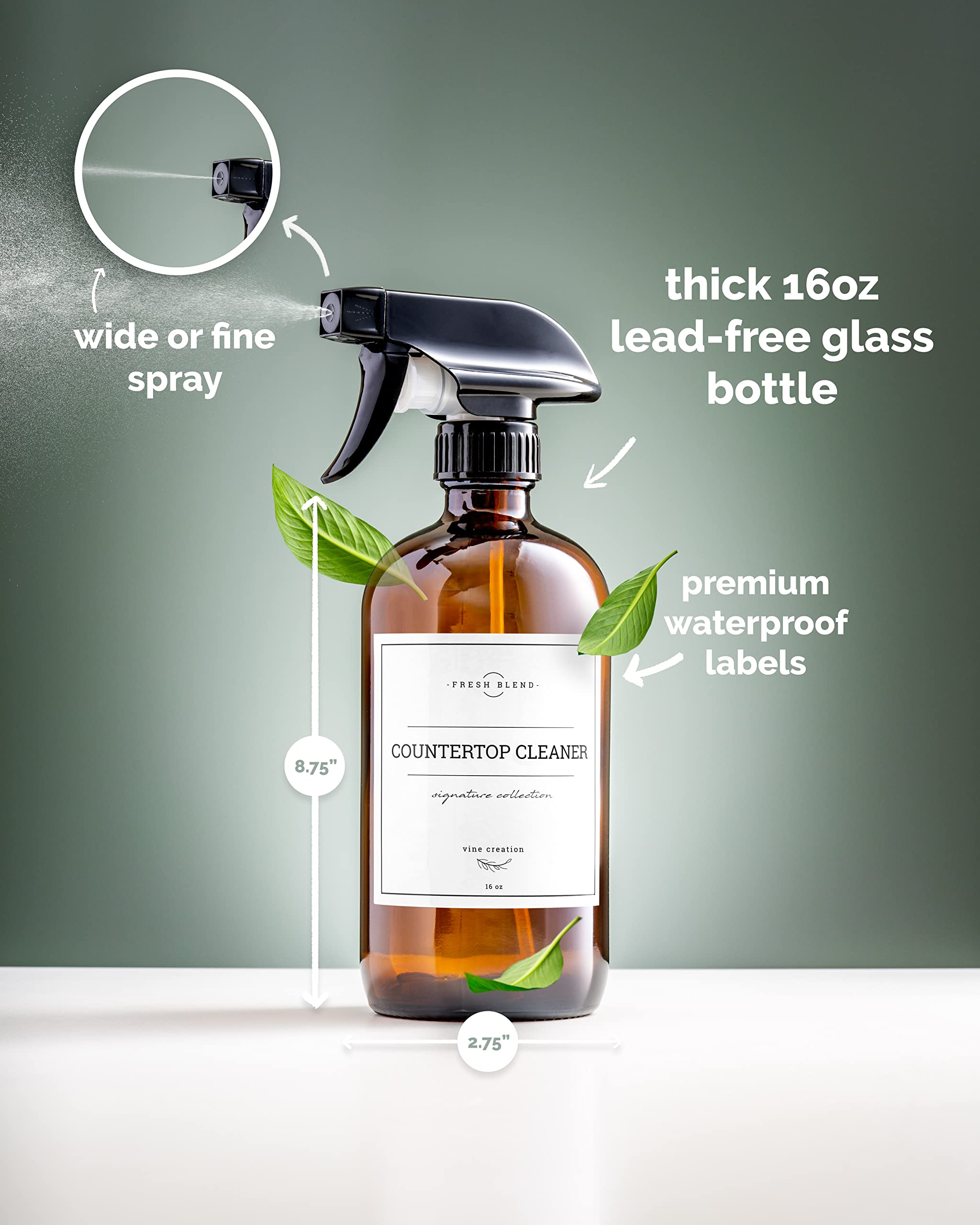 Vine Creations Amber Glass Spray Bottles, 2 Pack Glass Spray Bottles for Cleaning solutions, 16 oz Spray Bottle for Cleaning, Mister Spray Bottle for Plants, Amber Spray Bottles with Waterproof Labels