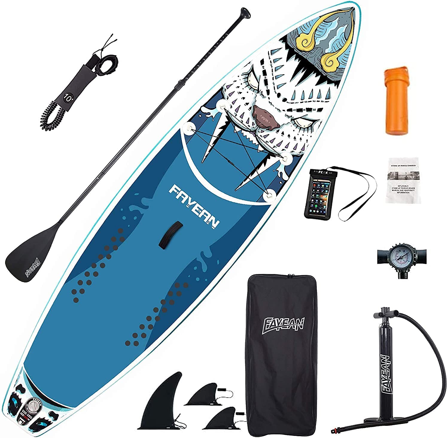 Fayean Inflatable Stand Up Paddle Board 10.6' x 33"x 6" Thick SUP ISUP Board includes Pump, Paddle, Backpack, Coil Leash Waterproof Case Tiger（Blue）