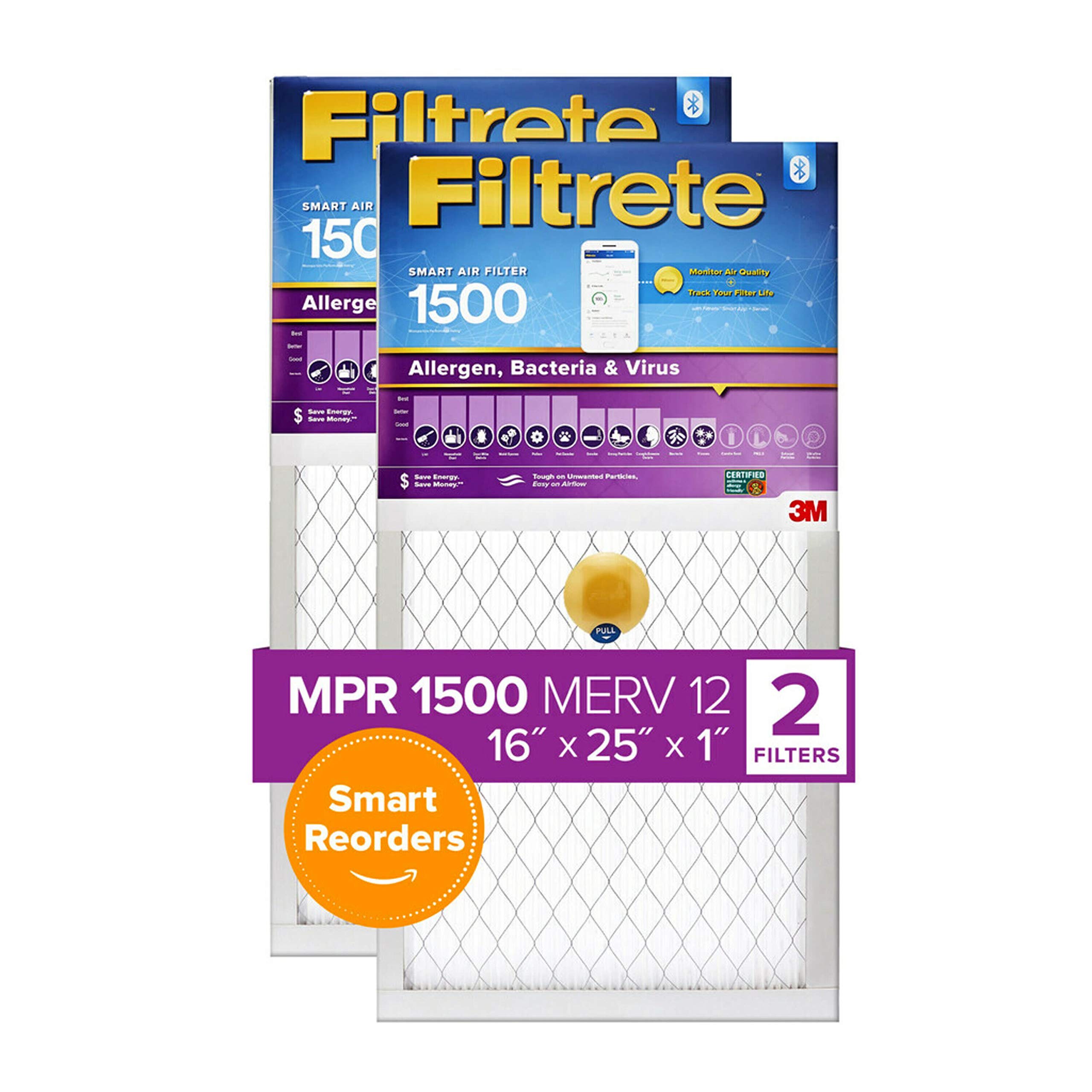 Filtrete 20x25x1, Smart Replenishable AC Furnace Air Filter, MPR 1500, Allergen, Bacteria & Virus, 2-Pack (exact dimensions 19.719 x 24.688 x 0.78)
