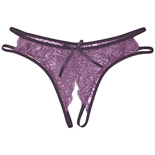 TIFZHADIAO Sexy Thongs Underwear for Women Lace Lingerie No Show Panties Ladies Breathable Low Rise T-Back Underpants Purple