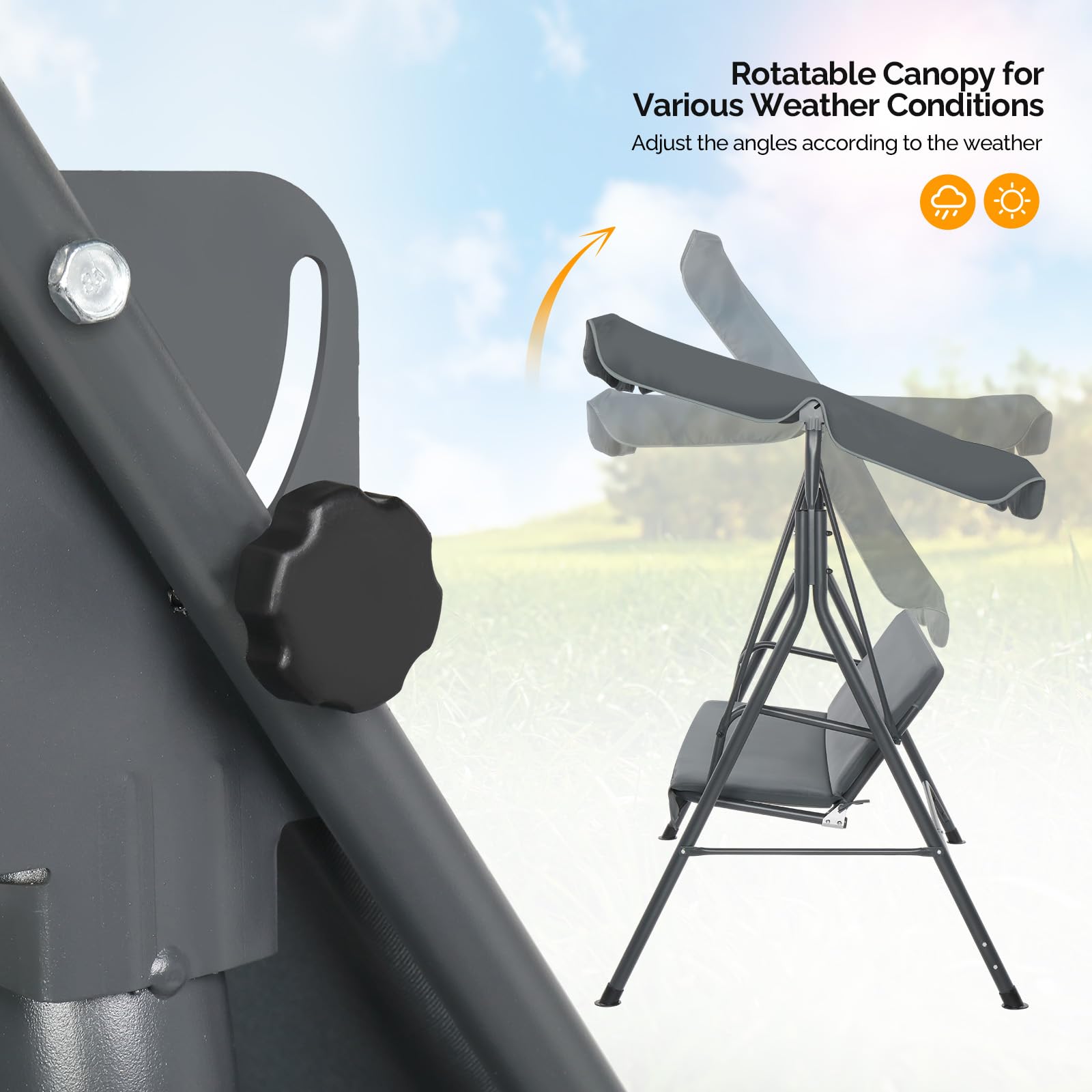 VINGLI Heavy Duty 550 LBS Upgraded 2 Person Outdoor Porch Swing with Stand, Adjustable Canopy Swing with Cushions & Steel Frame for Yard, Pool, Lawn, Indoors (Grey)