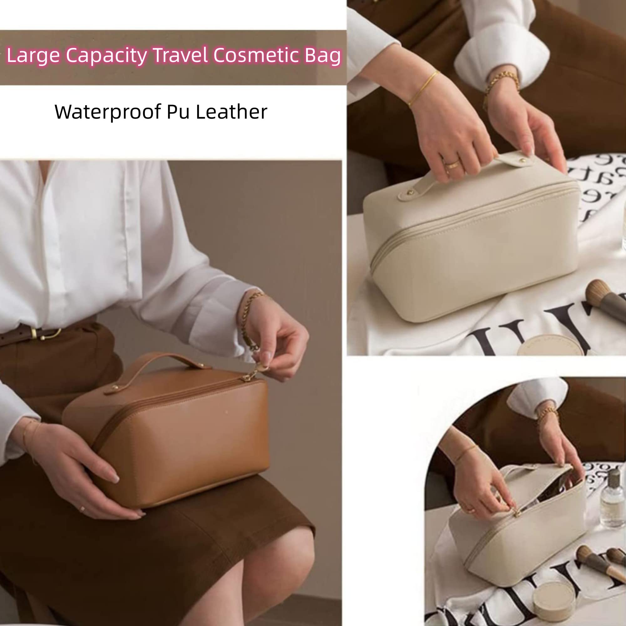 KMUG Large Capacity Travel Cosmetic Bag for Women, Multifunctional Storage Makeup Bag, Waterproof Pu Leather Compartment Cosmetic Cases with Handle and Divider Portable Makeup Pouch (Brown)
