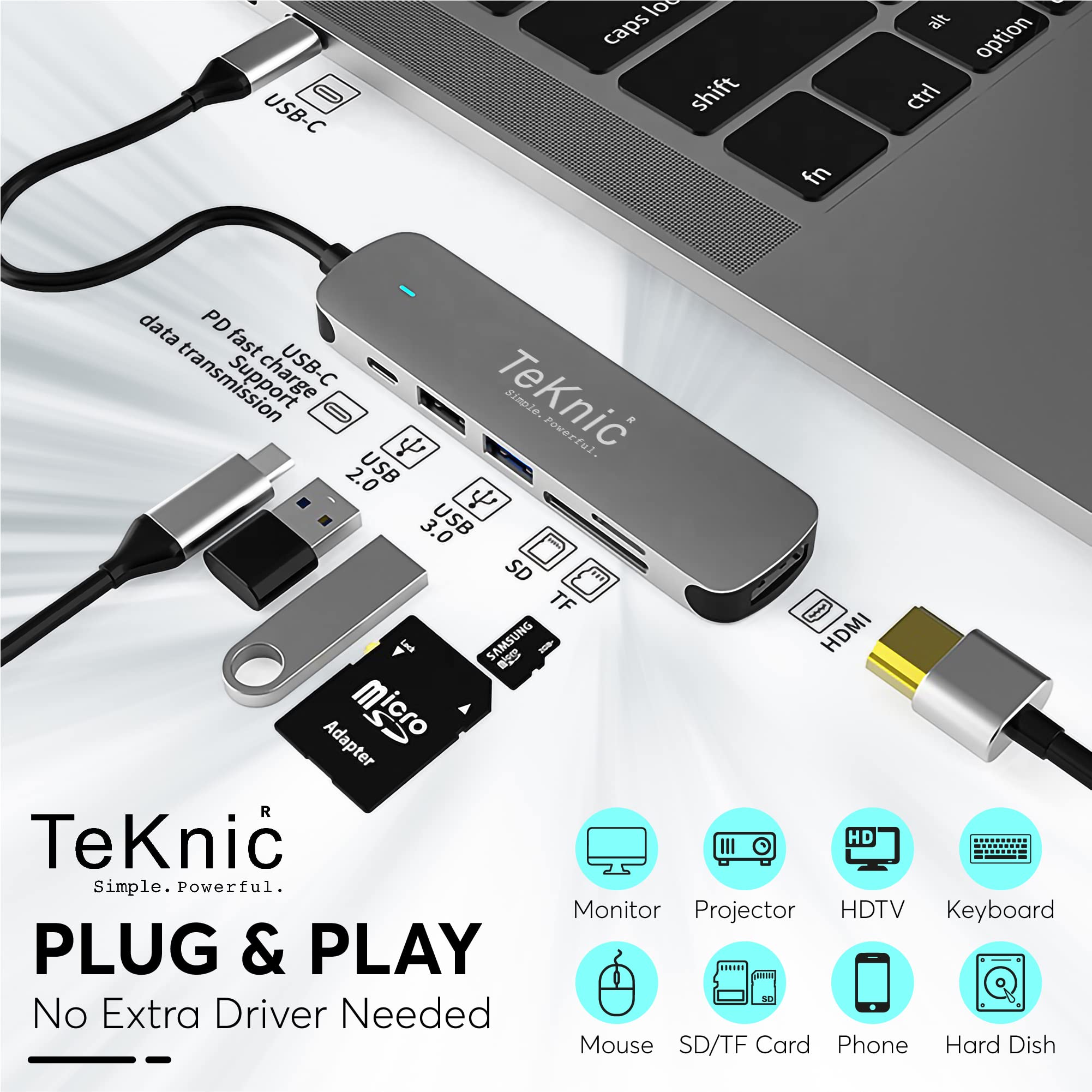 USB C HUB Adapter 6 in 1 with USB 3.0 Connections 4K-HDMI 60wPD SD/TF Card Reader Laptop Docking Station MacBook