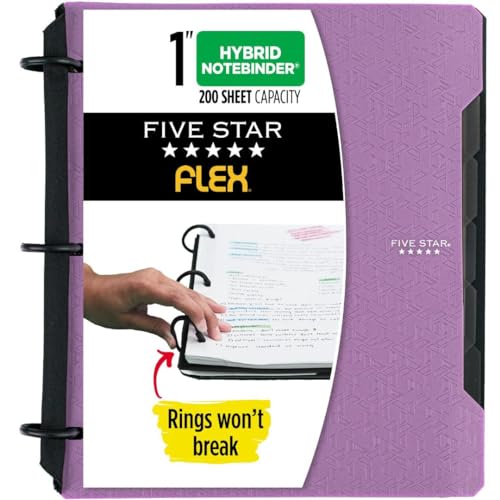 Five Star Flex Refillable Notebook + Study App, College Ruled Paper, 1-1/2 Inch TechLock Rings, Pockets, Tabs and Dividers, 300 Sheet Capacity, Purple (29324AB6)