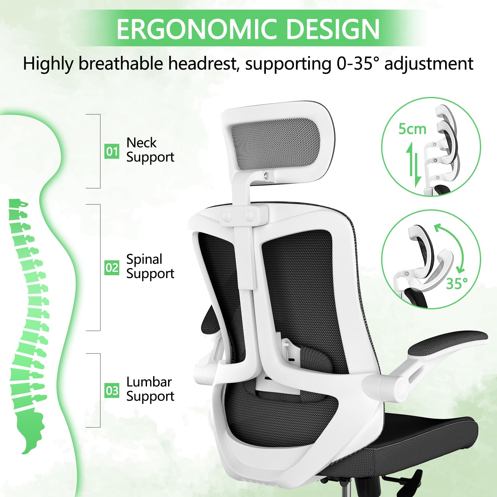 Ergonomic Office Chair, Home Office Desk Chair with Adjustable Headrest & Lumbar Support, Swivel High Back Computer Chair, Breathable Mesh Chair, PU Silent Wheels, Flip-Up Arms (Onyx Black)