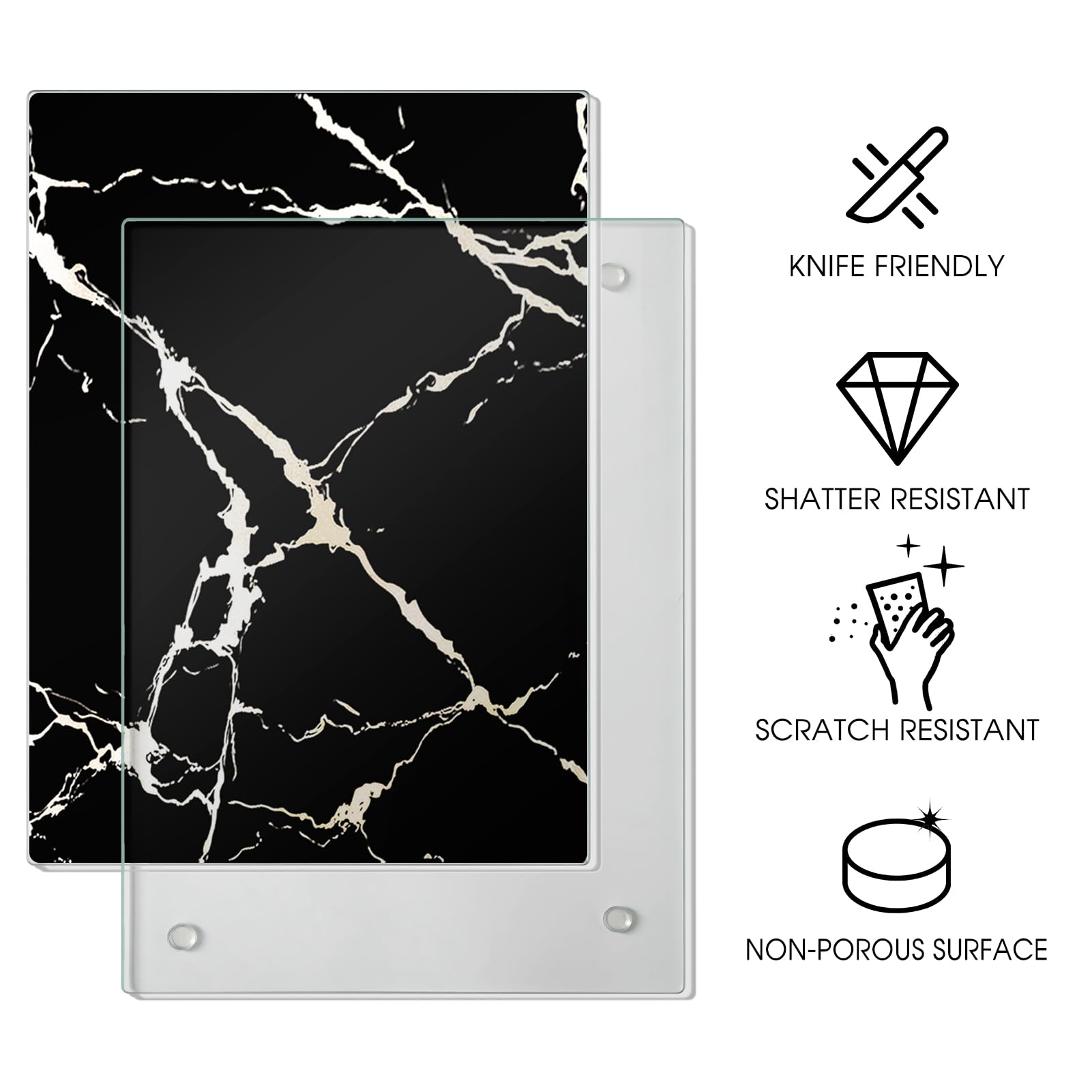 JAMBALAY Tempered Glass Cutting Board for Kitchen 12 x 16" 2 PCS, Marble Pattern Cutting Board, Chopping Board with Rubber Feet, Heat Resistant, Shatter Resistant, Dishwasher Safe, Black and Clear
