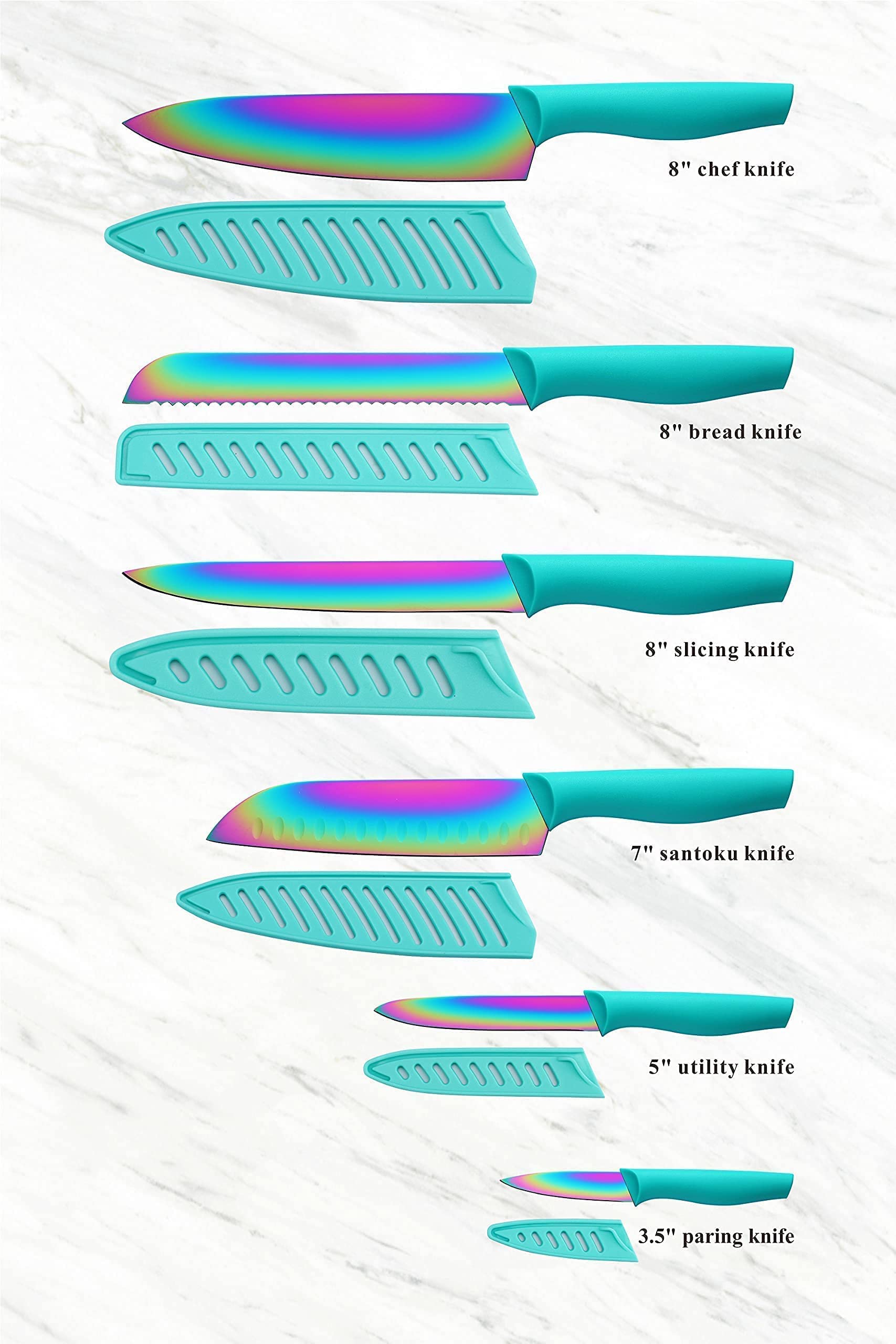 KYA37 Rainbow Titanium 12-Piece Stainless Steel Kitchen Knives Set with Sheath + KYA52 6PCS Nonstick Colorful Stainless Steel Rainbow Utensil Sets