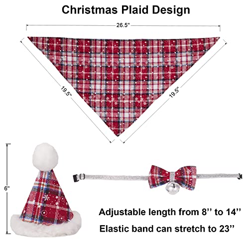 PTDECOR Christmas Dog Bandana Hat Bow, Red Plaid Dog Christmas Hat Scarf Triangle Dog Bibs Kerchief Christmas Bandanas for Small Medium Dogs Pets