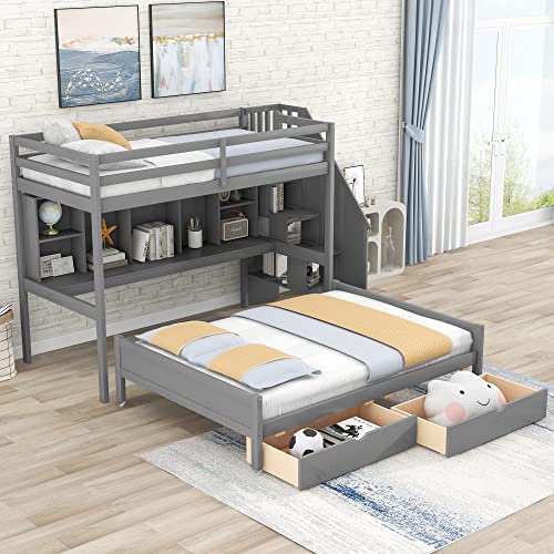 DEYOBED Twin over Full Bunk Bed Wooden Kids Bunk Bed Frame with Storage Shelves Drawers and Staircase for Kids Teens Adults