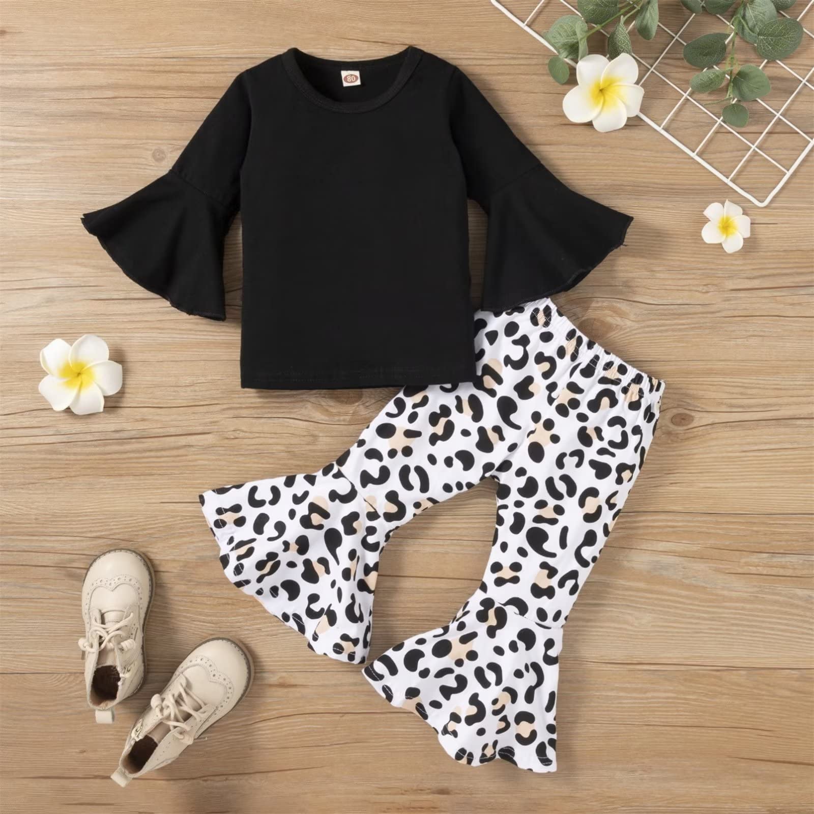 Little Toddler Baby Girl Bell-Bottom Pants Leggings Outfit Flared-Sleeve Top + Leopard Print Flared Trousers Suit