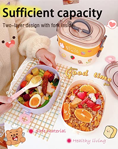 Paidideng Kawaii Bento Box Bento Lunch Box with Lunch Bag,Tableware,Biscuit bags,2 Layers Stacked Leakproof Cute Lunch Box,for Travel,Office,Gym. (purple)