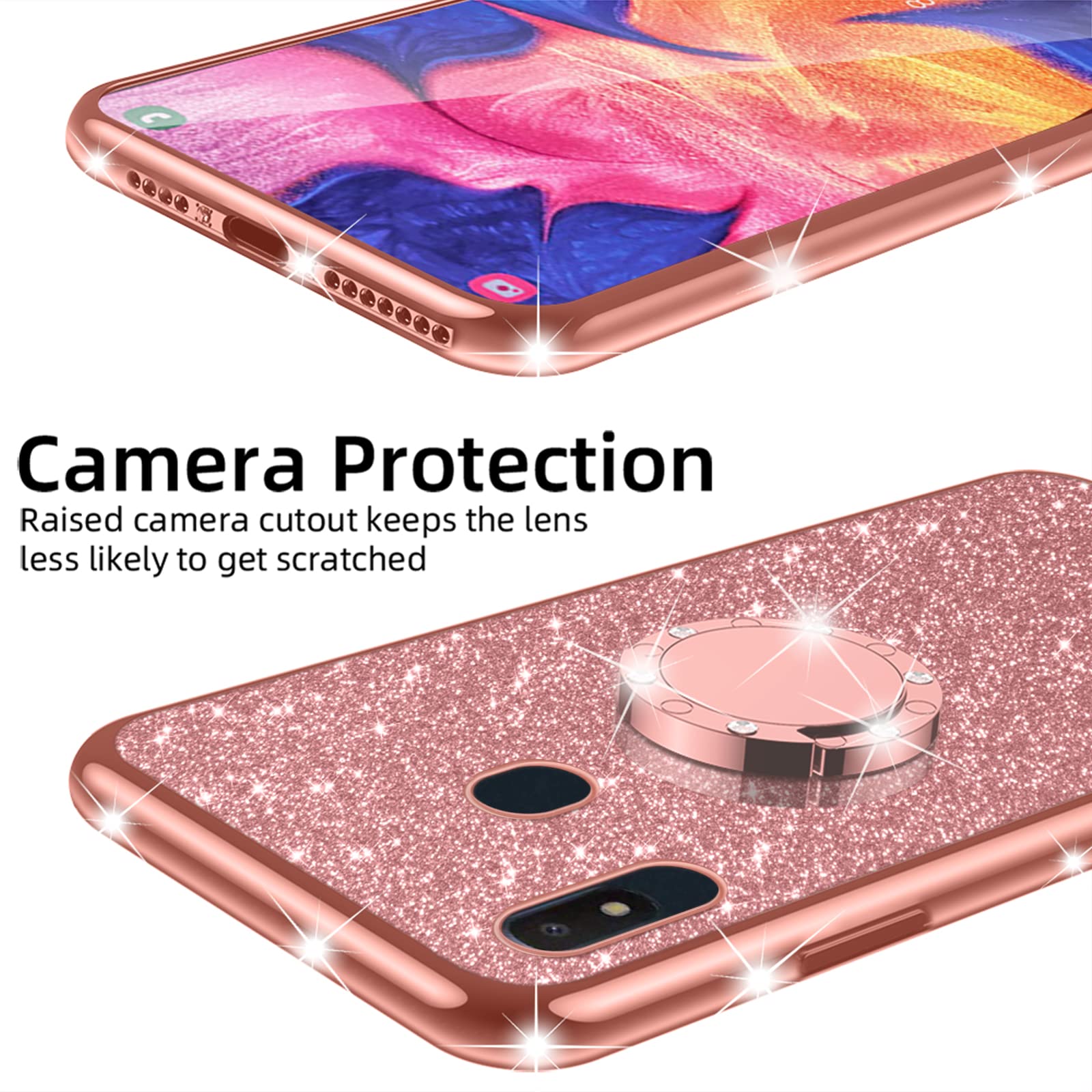 for Samsung Galaxy A10E Phone Case Girls Women Cute Rhinestone Glitter TPU Case with Ring Stand Strap Lanyard Shockproof Protection Cover for Samsung Galaxy A20E -Rose Gold
