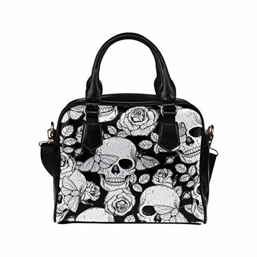 InterestPrint Skull, Butterfly and Roses Womens Top Handle PU Leather Shoulder Satchel Bag