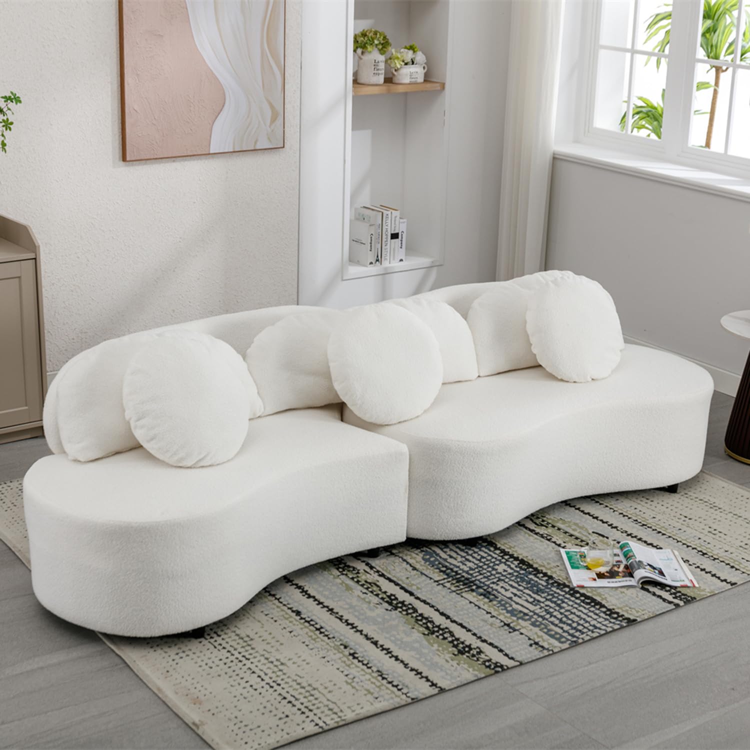 Polibi 103.9" L Modern Sofa with 3 Pillows, Velvet Upholstered Couch Unique Curved Shape for Living Room, Bedroom, Office, Beige