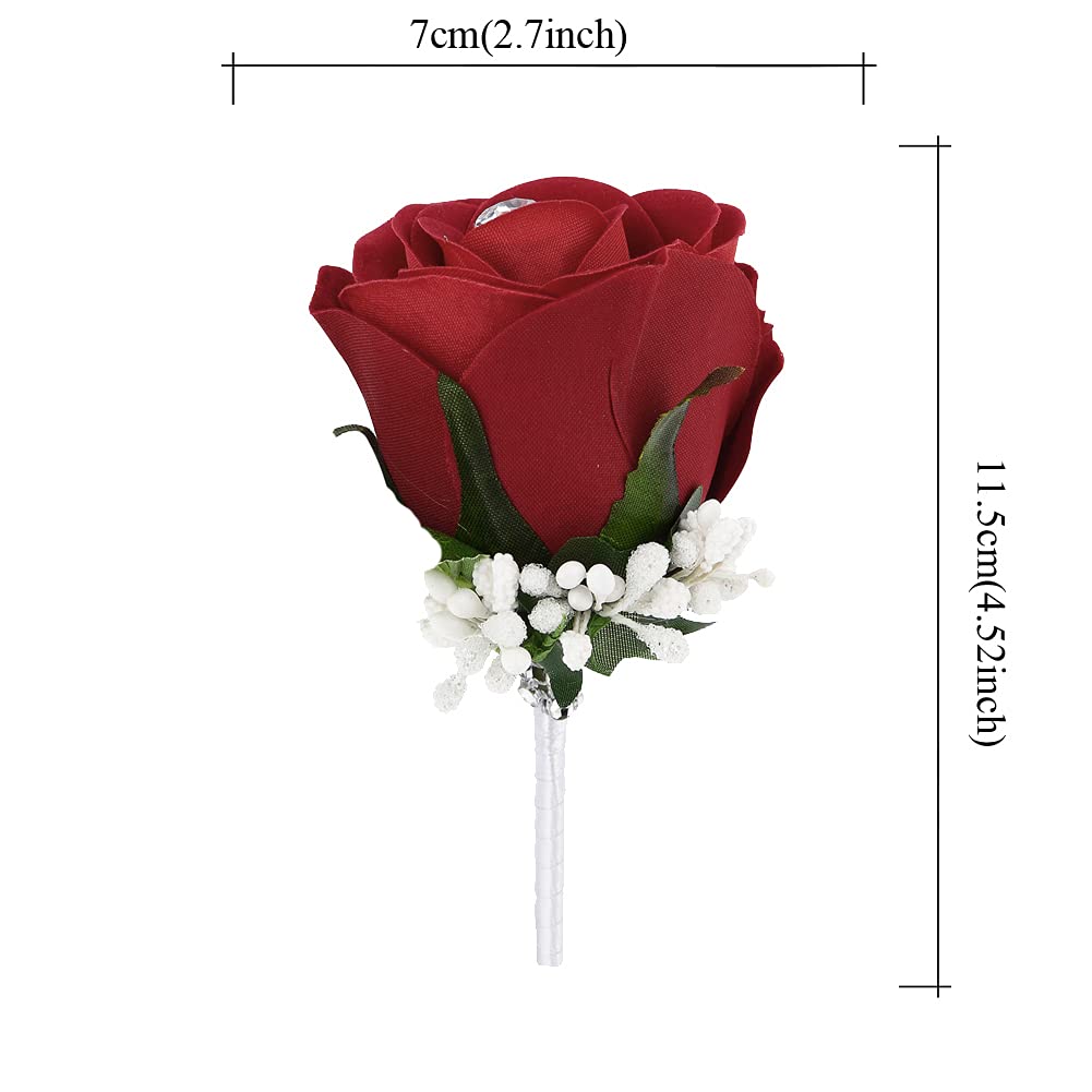 FAYBOX Wedding Prom Velvet Rose Rhinestone Corsage and Boutonniere Set With Silvery Ribbon Stretch Bracelet (Red*2)