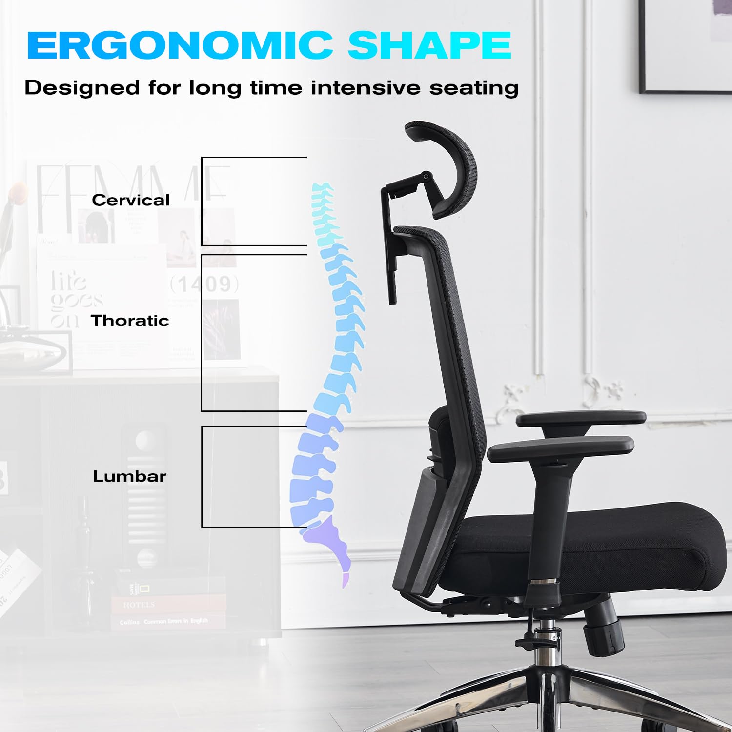 Ergonomic Office Chair, High-Back Mesh Chair 2D Adjustable Headrest with 3D Metal Armrest, Adjustable Lumbar Support Swivel Computer Executive Chair for Office