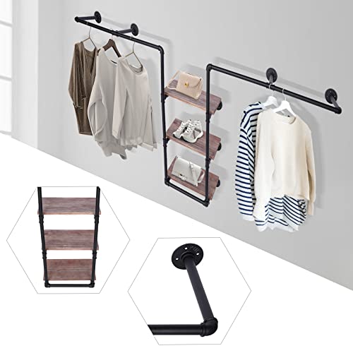 VPABES Wall Mounted Clothing Storage Rack 3 Tiers Industrial Pipe Rustic Garment Hanging Bar Space-Saving Wooden Shelves Book Plant Retail Display Shelf for Boutique Store