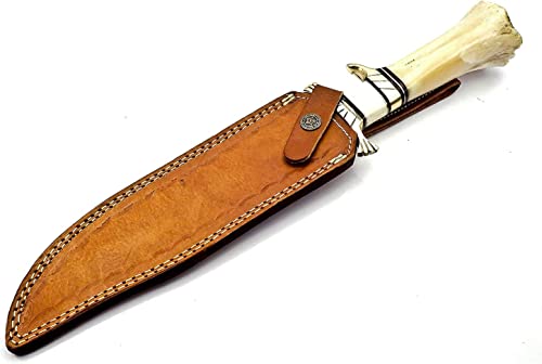 Hadi Enterprises-15" Handmade Damascus Hunting Knife with Leather Sheath - Ideal for Skinning, Camping, Outdoor -Fixed Blade Bushcraft Knife with Bone Handle-(BN-001)