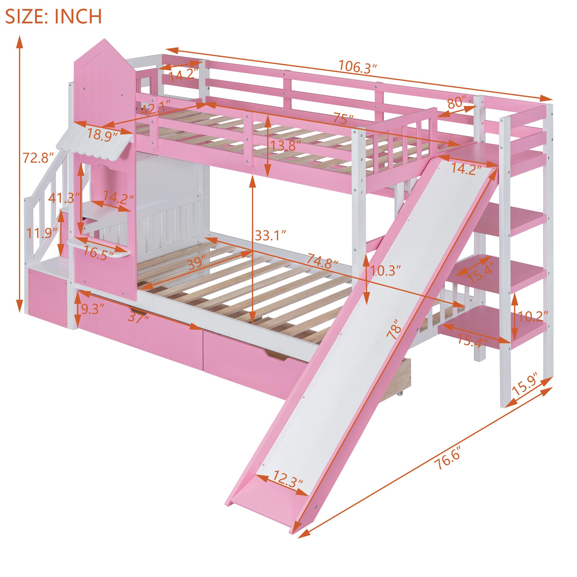 SOFTSEA Twin Over Twin Bunk Bed with Storage and Drawers for Kids Boys Girls Solid Wood Bunk Bed with Slide and Staircase