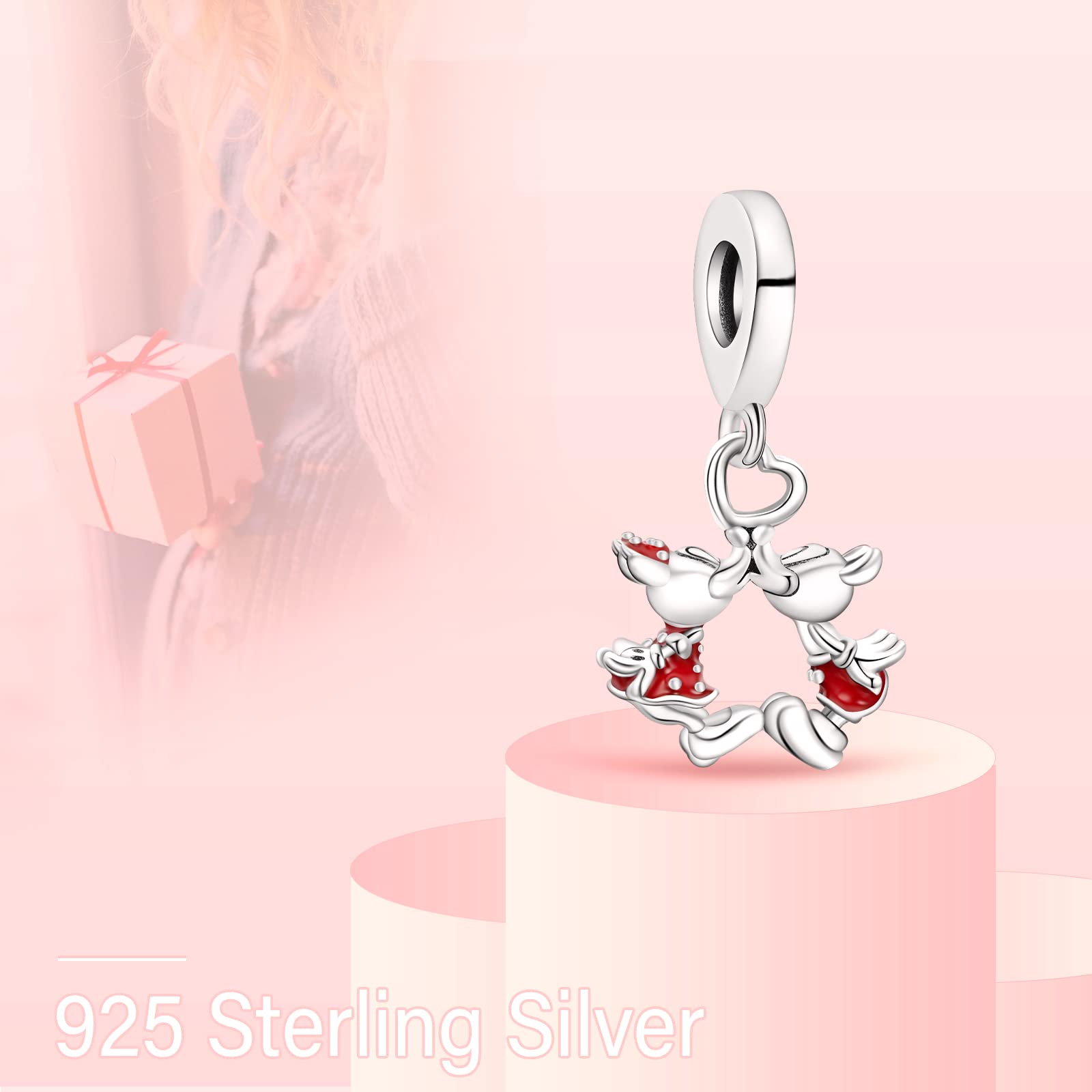 HAEPIAR Mickey&Minnie Kissing S925 Silver Charm for Bracelet Necklace Sterling Silver Dangles for Women