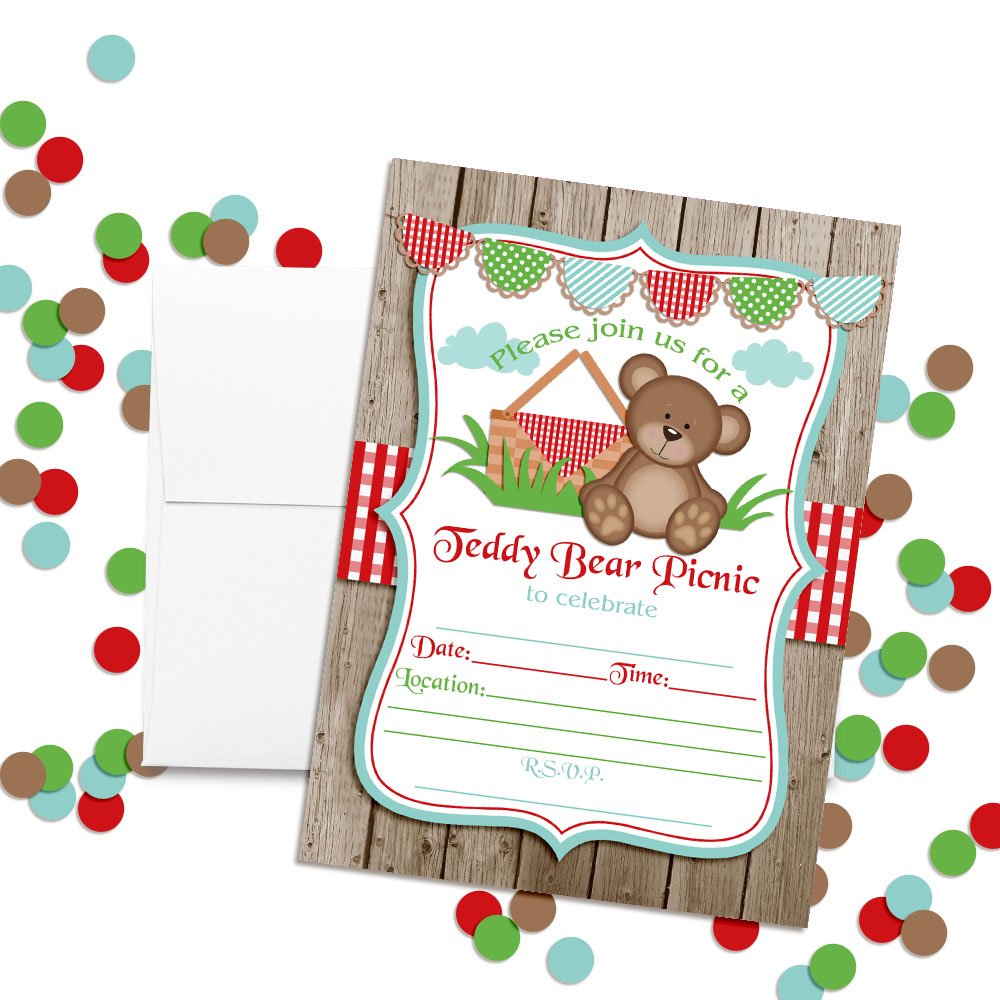 Teddy Bear Picnic Birthday Party Invitations, 20 5x7 Fill In Cards with Twenty White Envelopes by AmandaCreation